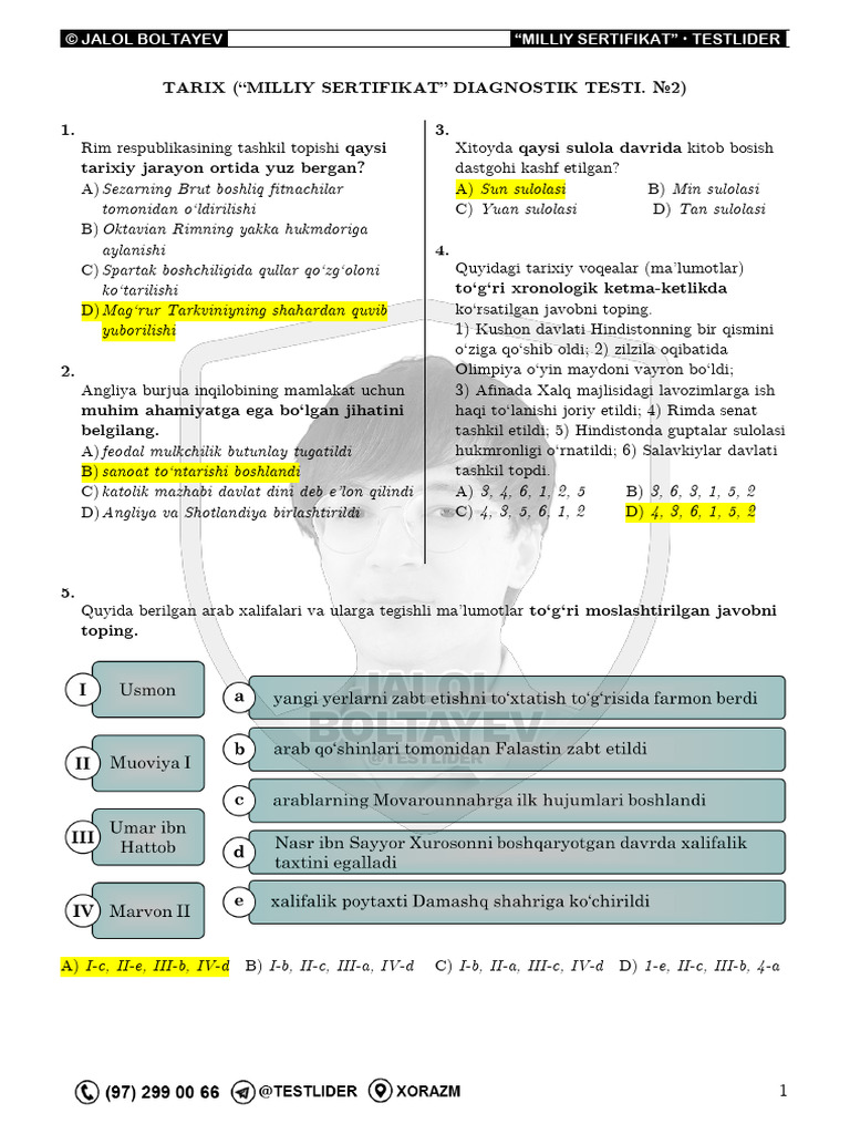 Tarix Milliy Sertifikat @Testlider Jalol Boltayev 2 v Javobli | PDF