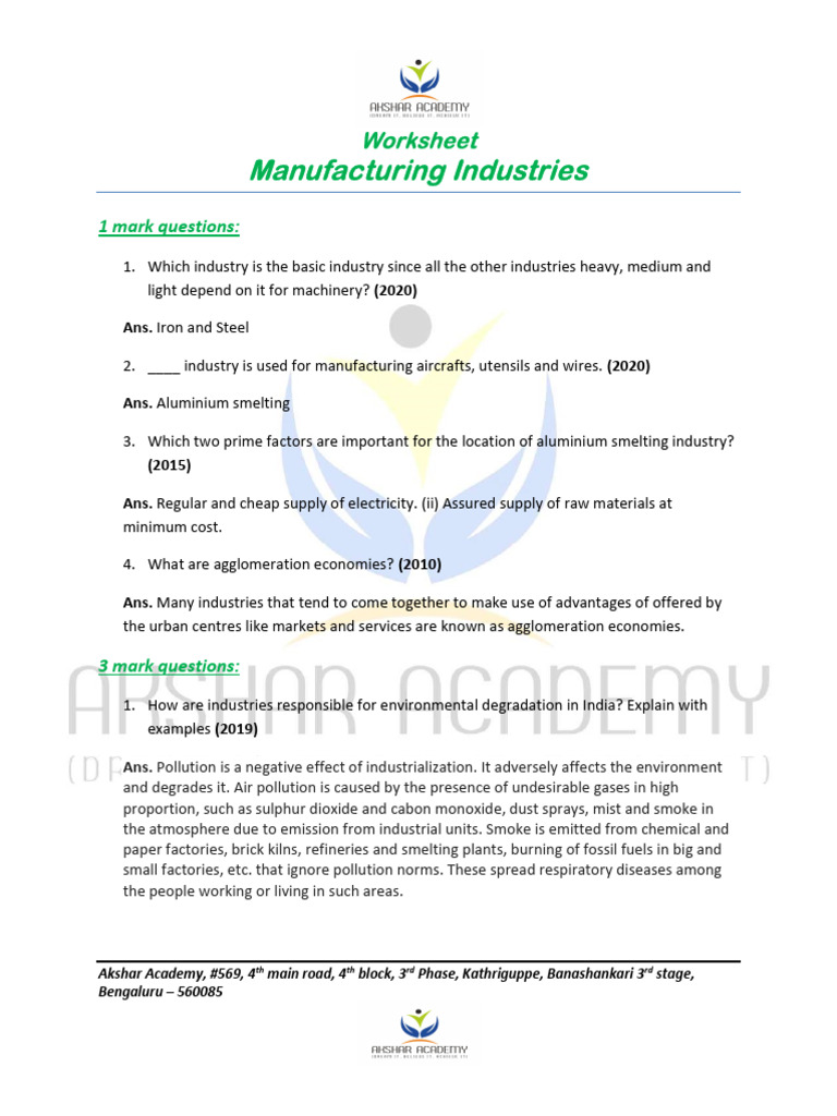 Manufacturing Industries Worksheet Guide | PDF | Pollution | Water ...