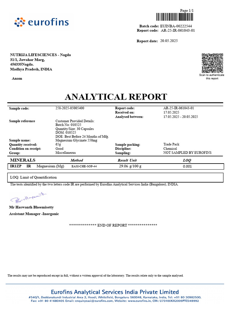 Magnesium Glycinate 550mg 3rd Party Lab Test | PDF | Detection Limit ...