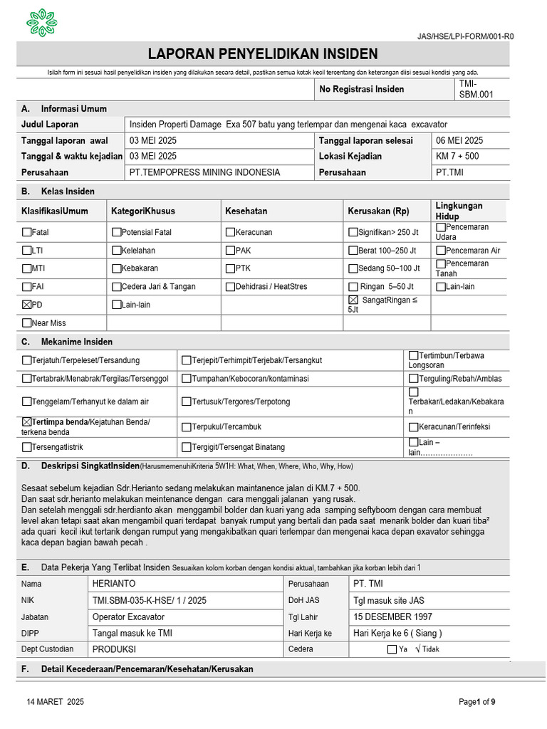 1.Laporan Penyelidikan Insident Exa 507 rebah | PDF