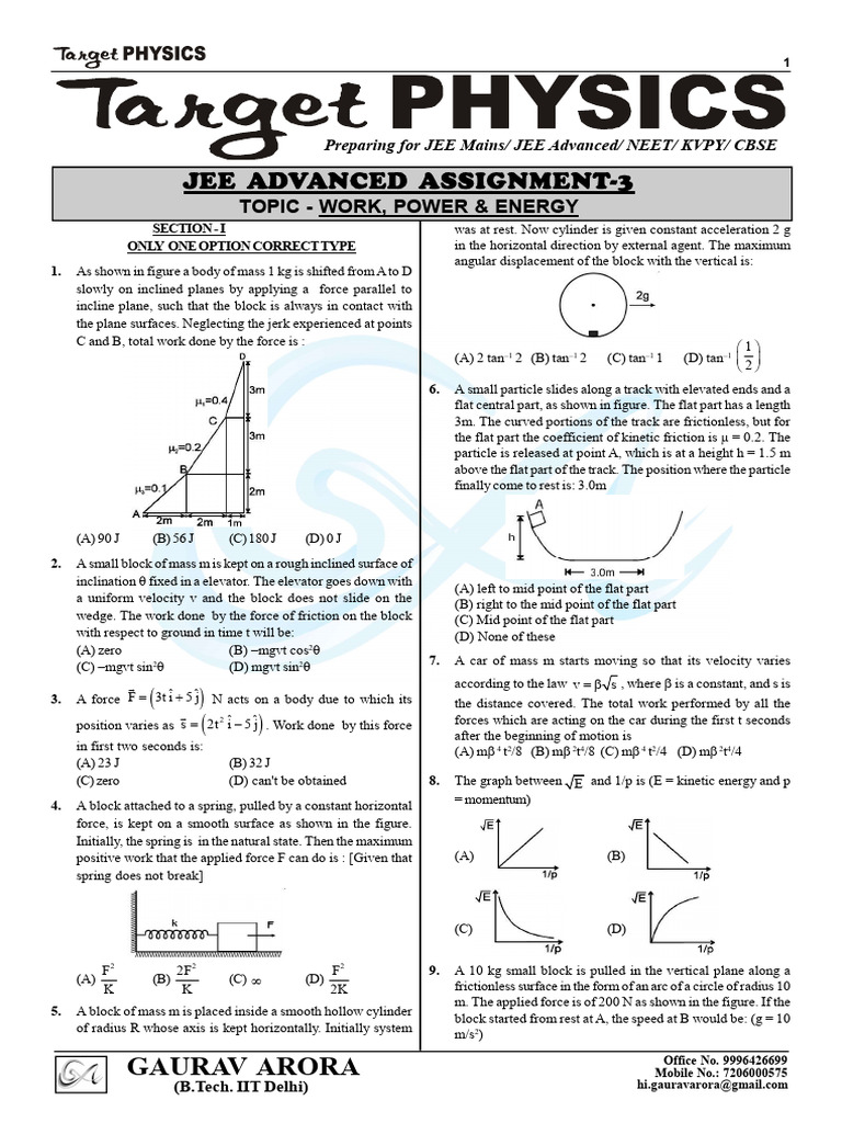 12th Jee Advanced Assignment - 3 (Work, Power & Energy) | PDF | Force ...