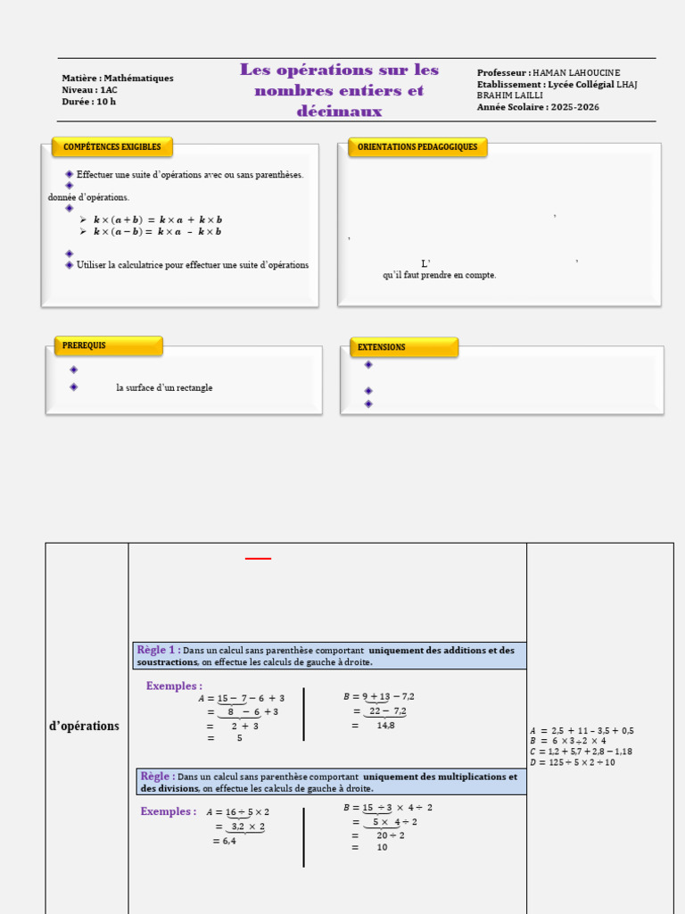 Opérations sur Nombres Entiers et Décimaux | PDF | Multiplication ...