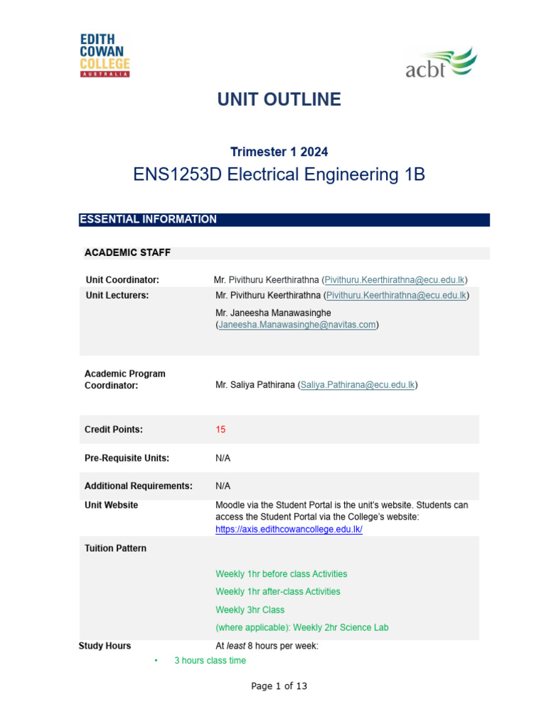 Electrical Engineering 1B Unit Outline | PDF | Electrical Network | Voltage