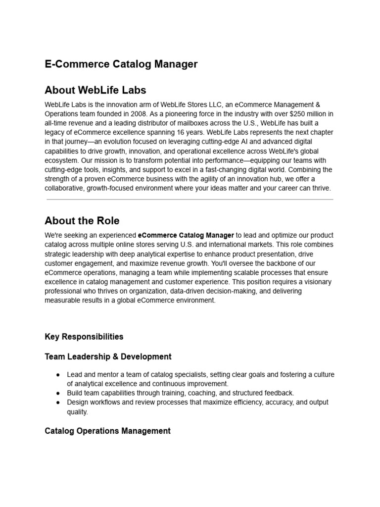 E-Commerce Catalog Manager Role at WebLife | PDF | E Commerce | Innovation