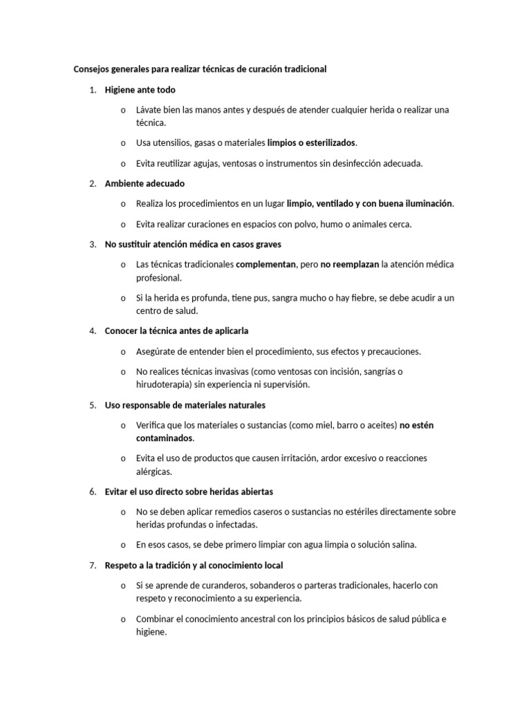 Consejos generales para realizar técnicas de curación tradicional | PDF ...