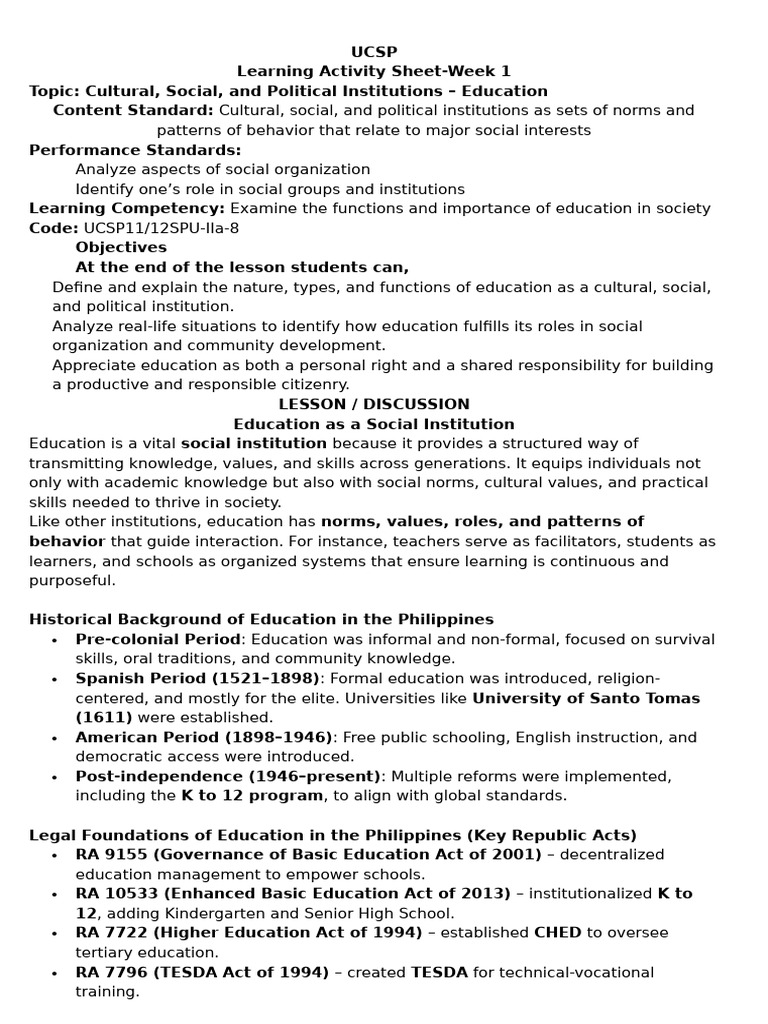 UCSP Q2 WEEK 1 LESSON AND ACTIVITY | PDF | Institution | Learning