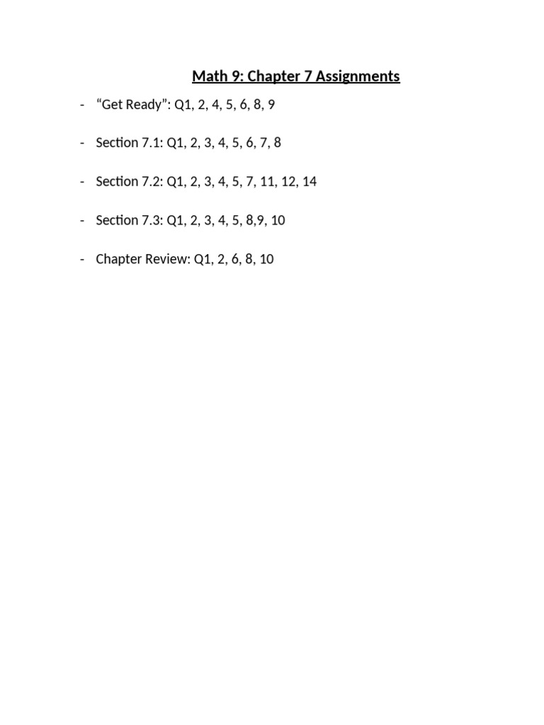 Math 9 Chapter 7 Assignments | PDF