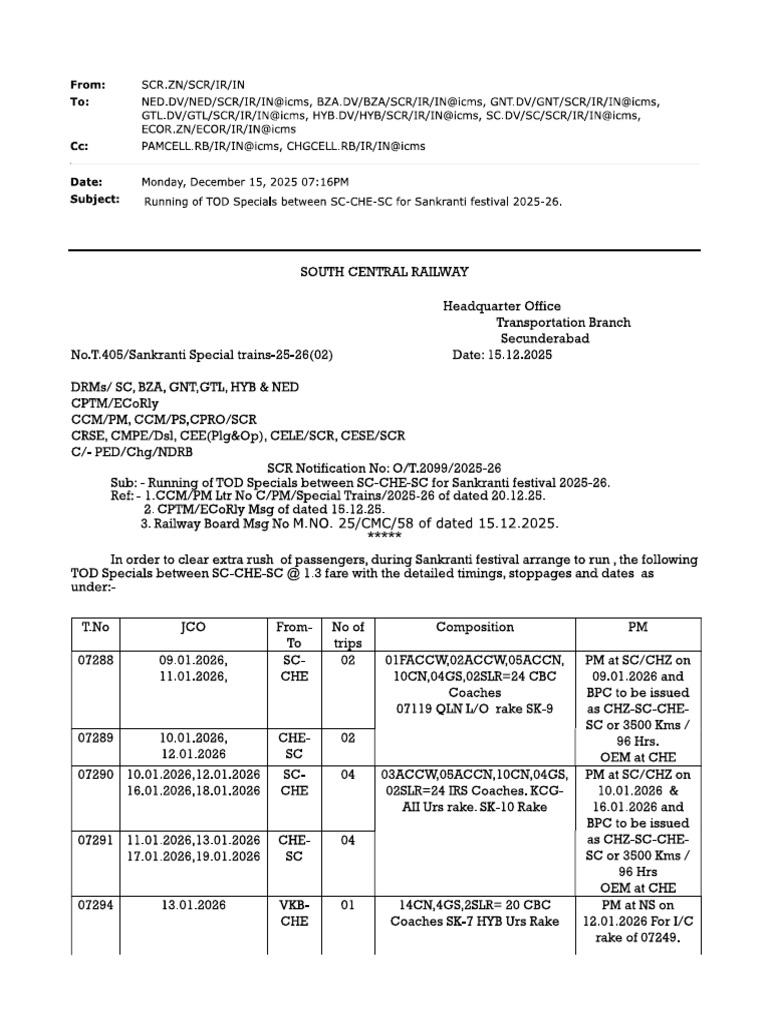 Running of TOD Specials Between SC-CHE-SC For Sankranti Festival 2025 ...