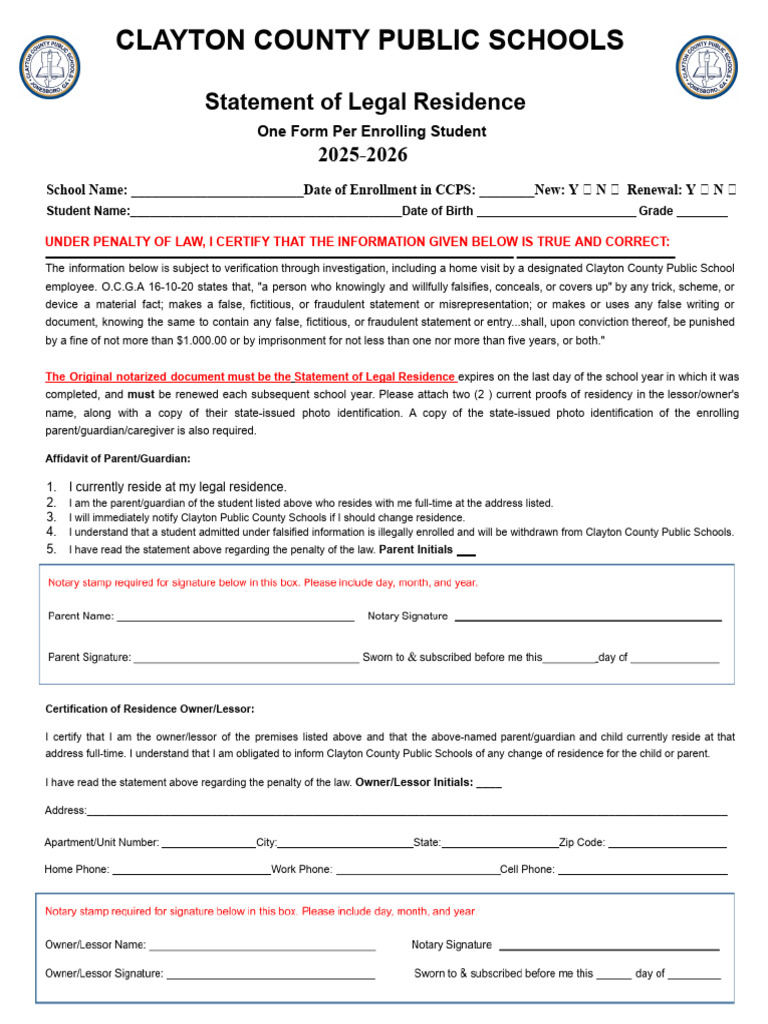 Clayton County School Residency Form | PDF | Common Law | Justice