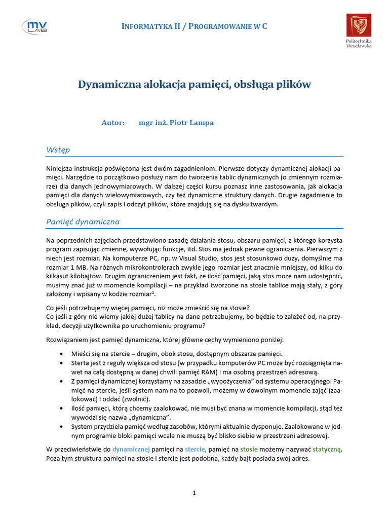 Lab3 Dynamiczna Alokacja Pamięci, Obsługa Plików | PDF