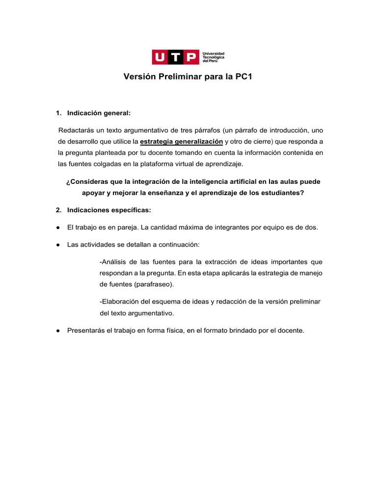 Entrega de La PC1- Texto Argumentativo | PDF | Inteligencia artificial ...