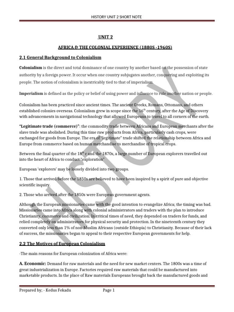 History Unit 2 Short Note for Grade 10 | PDF | Colonialism | Africa