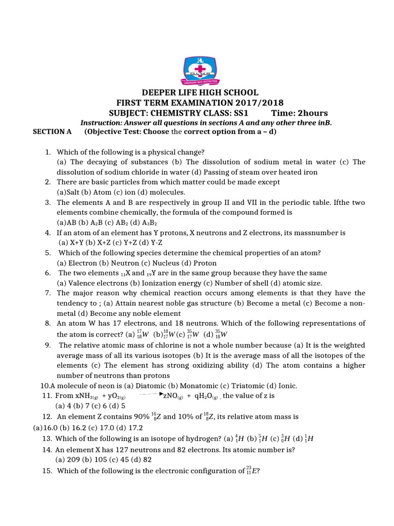 Ss 1 Chemistry First Term Exam 2017-2018 | PDF | Atoms | Chemical Compounds