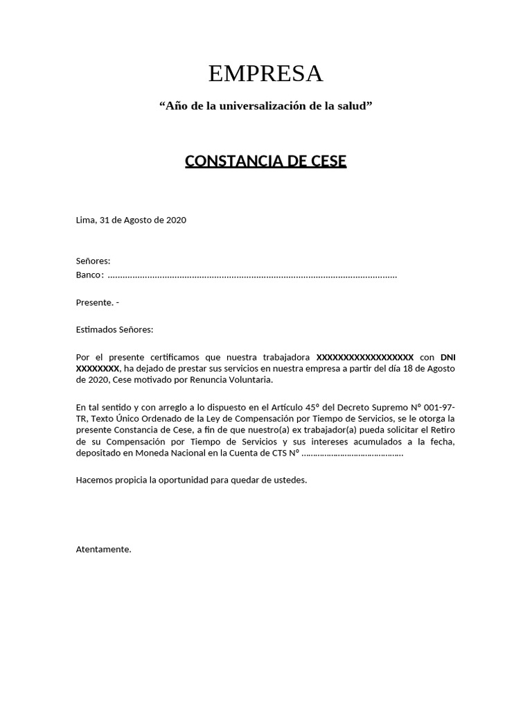 Constancia de Cese Laboral por Renuncia | PDF