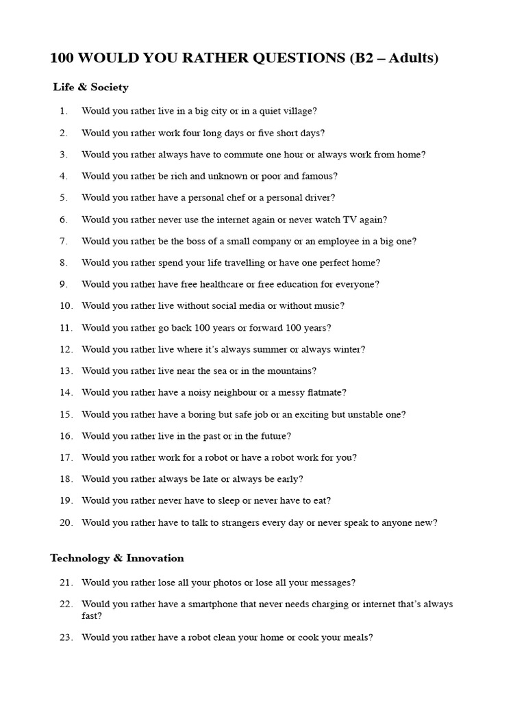 100 Would You Rather Questions (b2 - Adults) | PDF
