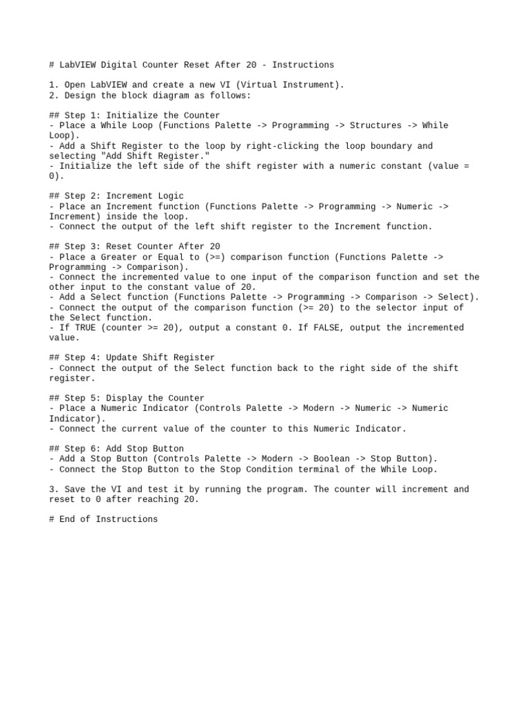 LabVIEW Digital Counter Reset After 20 Instructions | PDF