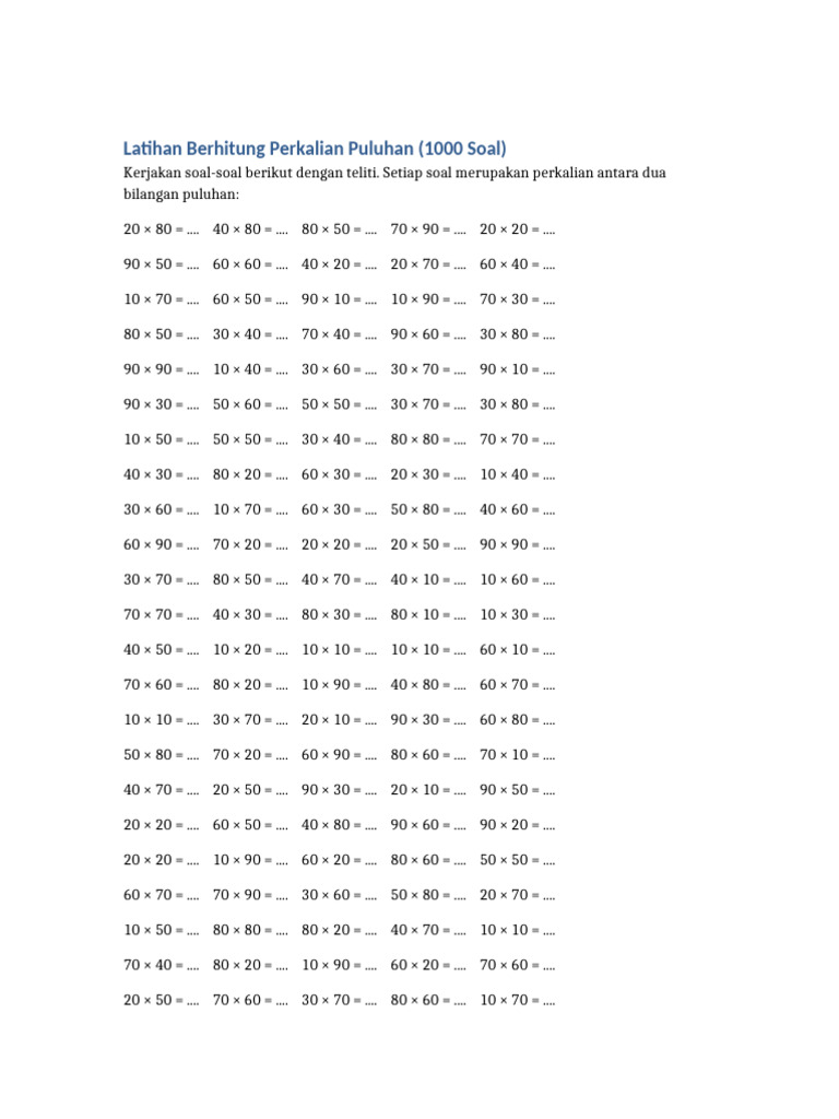 Latihan Perkalian Puluhan 1000 Soal | PDF