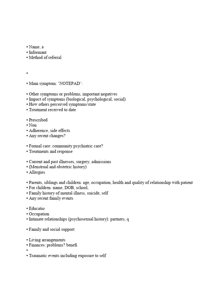 Clerking A Psychiatric Patient - Checklist | PDF | Diagnostic And ...