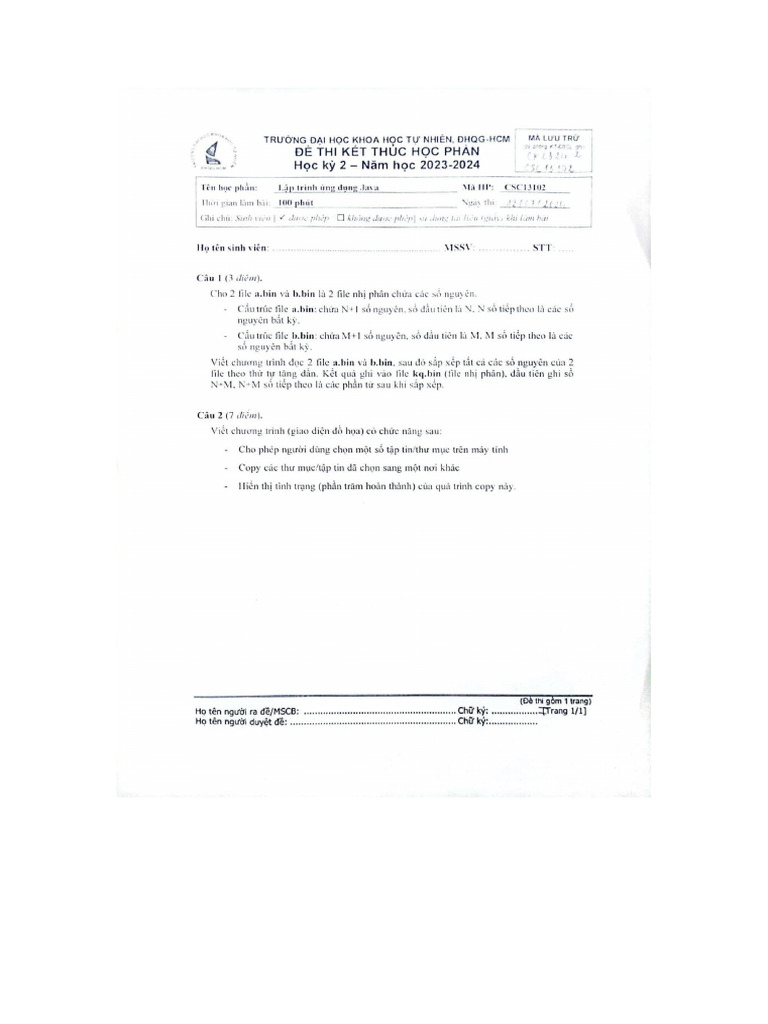 Đề Thi CK Lập Trình Ứng Dụng Java Hcmus23 24 | PDF