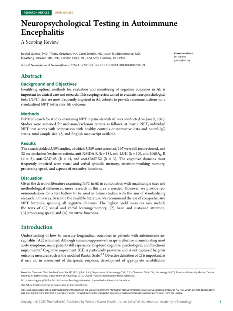 Neuropsychological Tests in Autoimmune Encephalitis | PDF | Systematic ...
