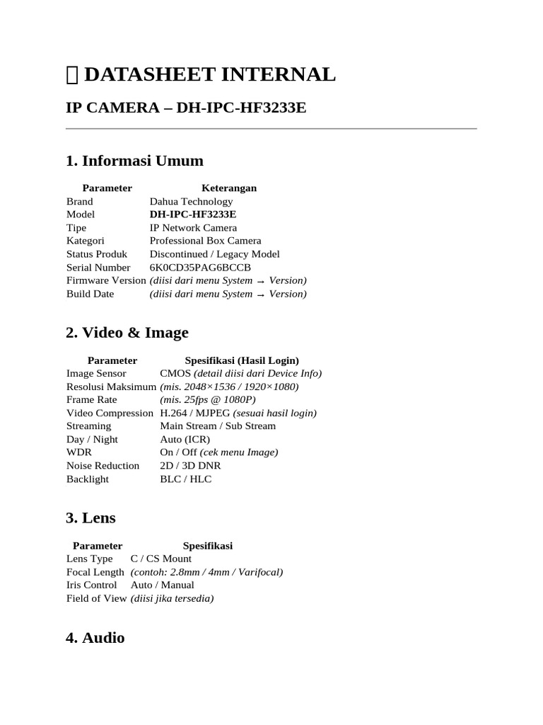 Datasheet Kamera IP Dahua DH-IPC-HF3233E | PDF