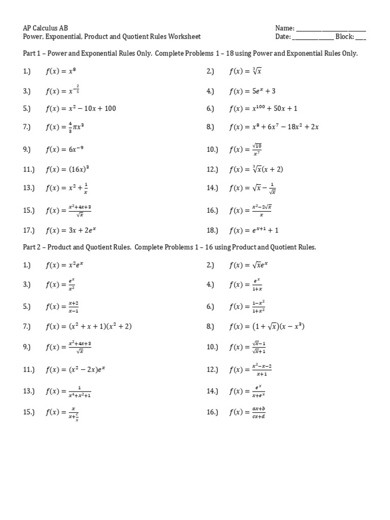 AP AB - Section 3.1 - Power Expontial Product and Quotient Rules ...