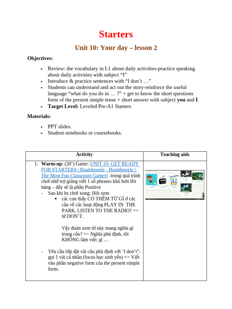 Lesson Plan Starter Unit 10 - Lesson 2 | PDF