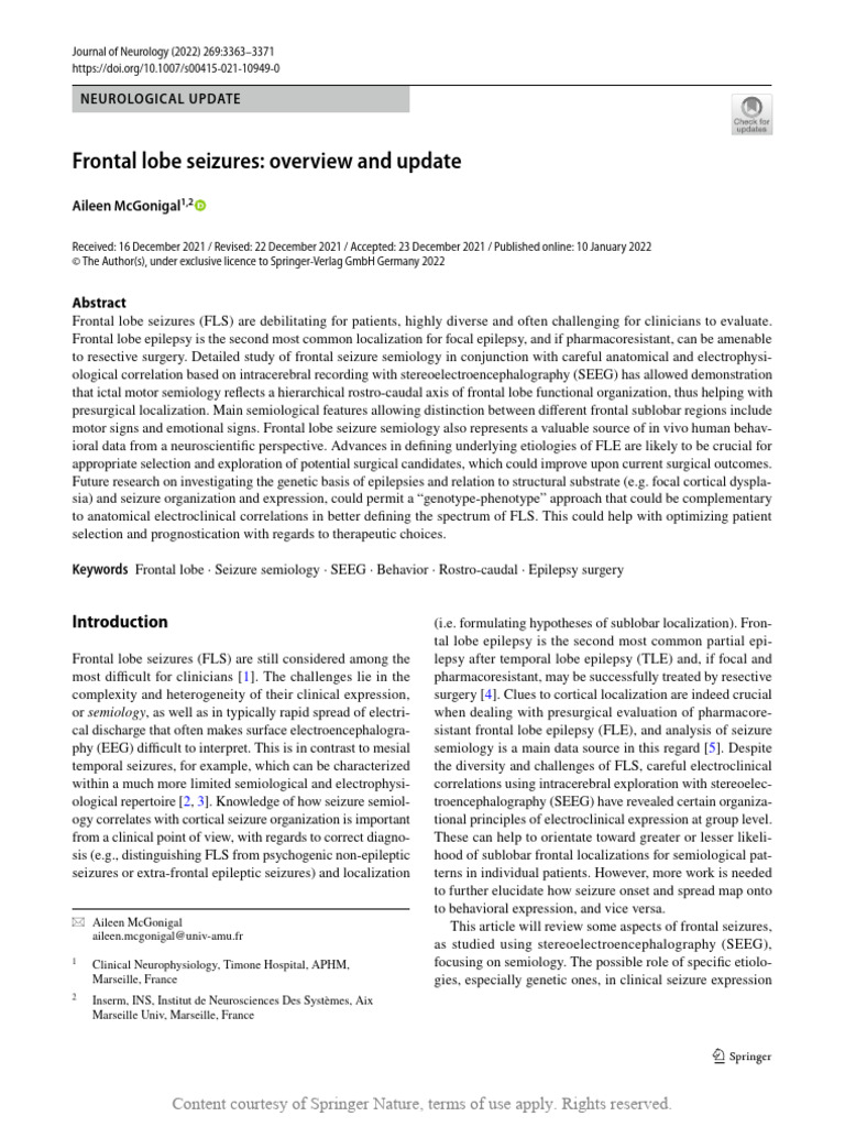 Frontal Lobe Seizures: An Overview | PDF | Epilepsy | Cerebral Cortex