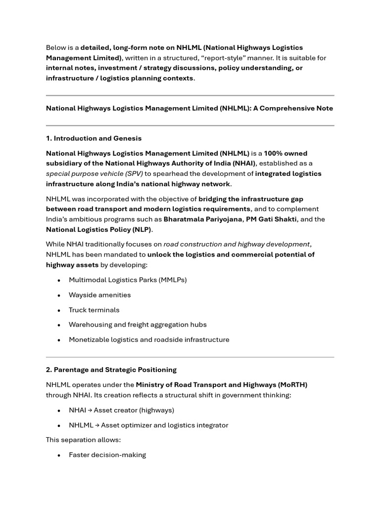 National Highways Logistics Management Limited (NHLML) A Comprehensive ...