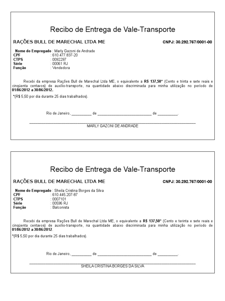 Modelo Recibo de Vale-Transporte