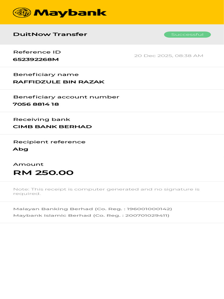 DuitNow Transfer Receipt - RM 250.00 | PDF