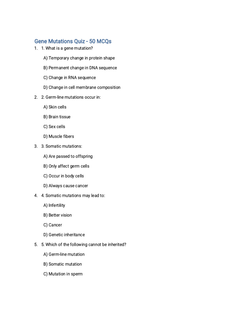 Gene Mutations Quiz: 50 MCQs | PDF | Mutation | Point Mutation