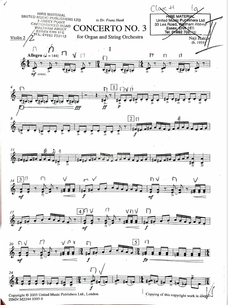 Vlns II - N. Hakim Concert Nr 3 for Organ and String Orchestra | PDF