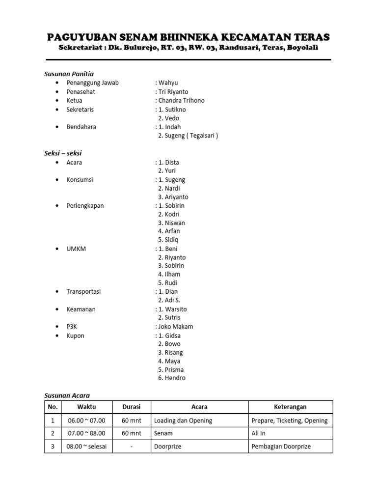 Susuna Panitia Paguyuban Senam Bhinneka & UMKM Kecamatan Teras | PDF