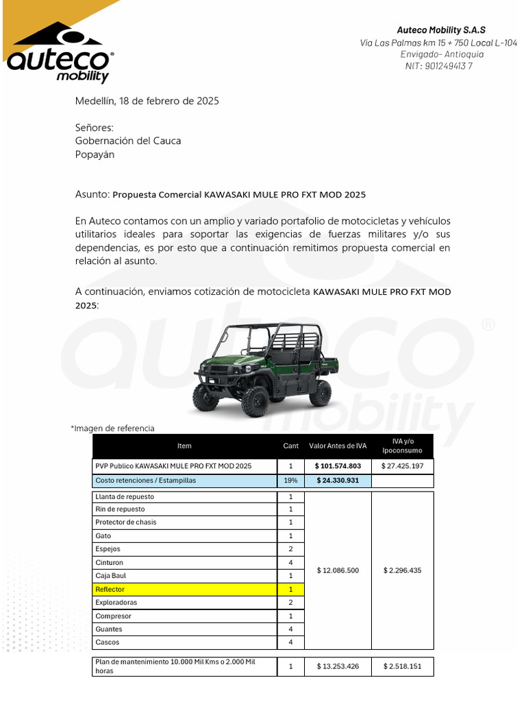 Cotizacion Kawasaki MULE Pro Fx Pro Popayan Feb 2025 | PDF | Tecnología ...