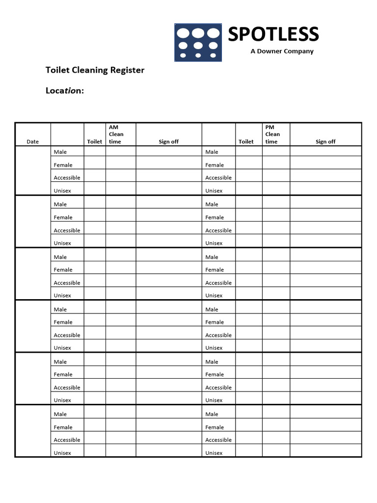 Toilet Cleaning Register Template | PDF | Sex | Gender