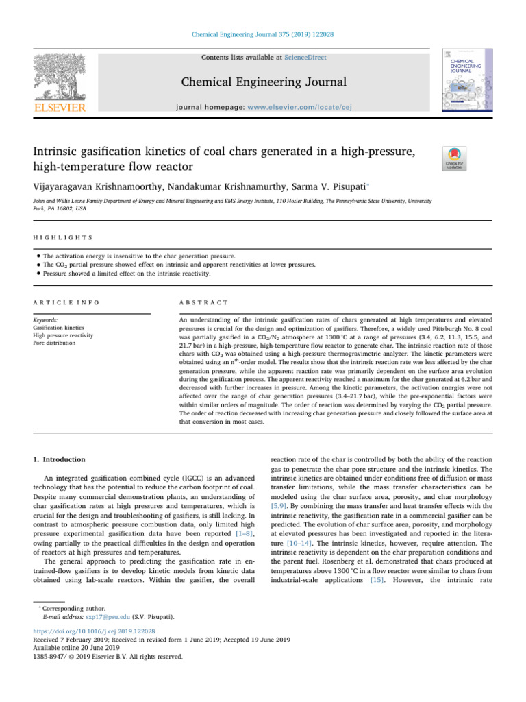 Intrinsic Gasification Kinetics of Coal Chars Generated in a High ...
