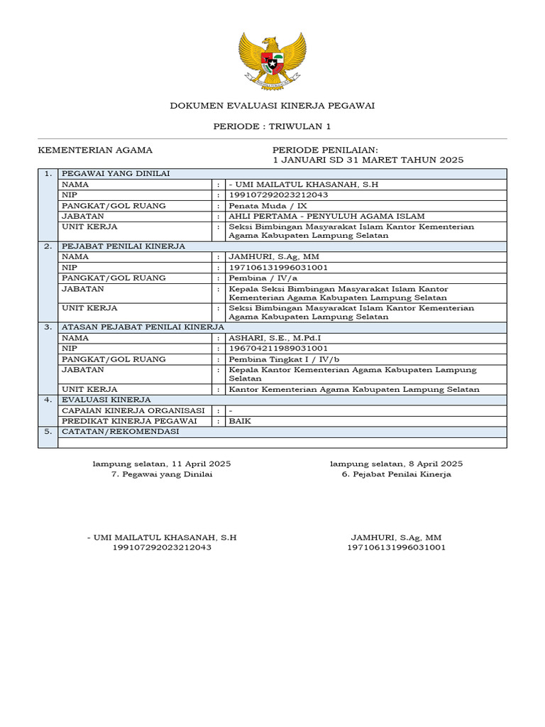 E - Kinerja Umi Mailatul Khasanah 2025 Triwulan I B | PDF