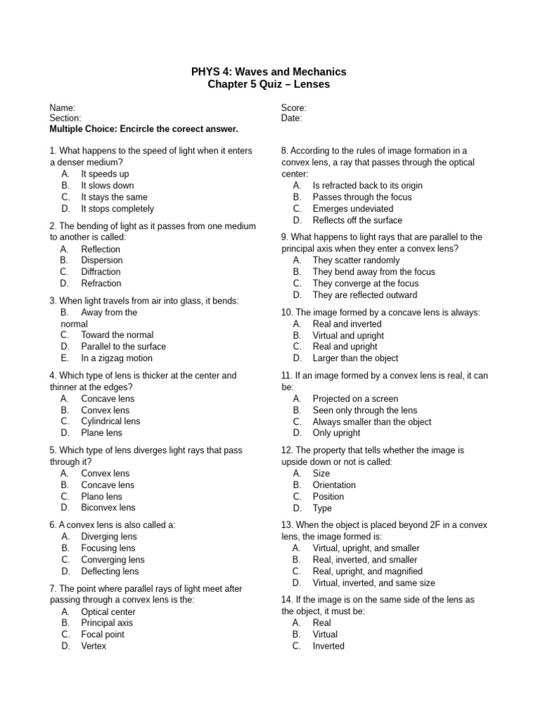 Chapter 5 Quiz Lenses 2 | PDF | Waves | Optics