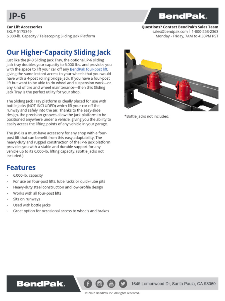 JP 6 Sliding Jack Tray Four Post Lifts 5175349 BendPak Rev | PDF