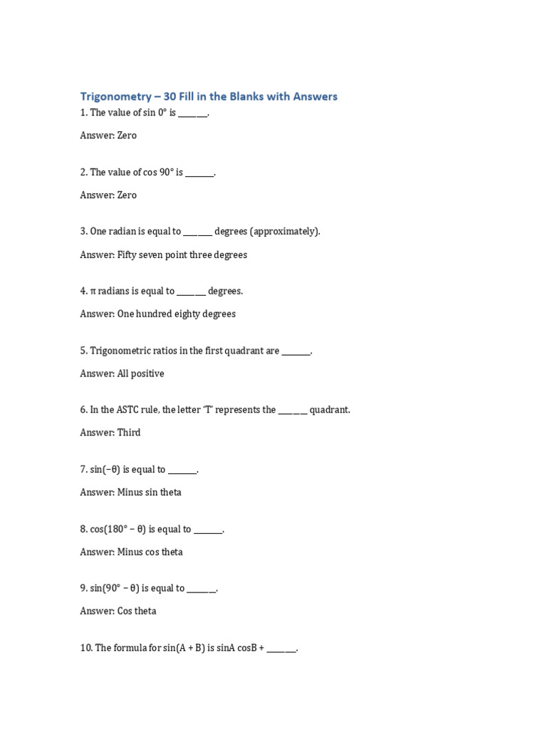 Trigonometry Fill-in-the-Blank Quiz | PDF