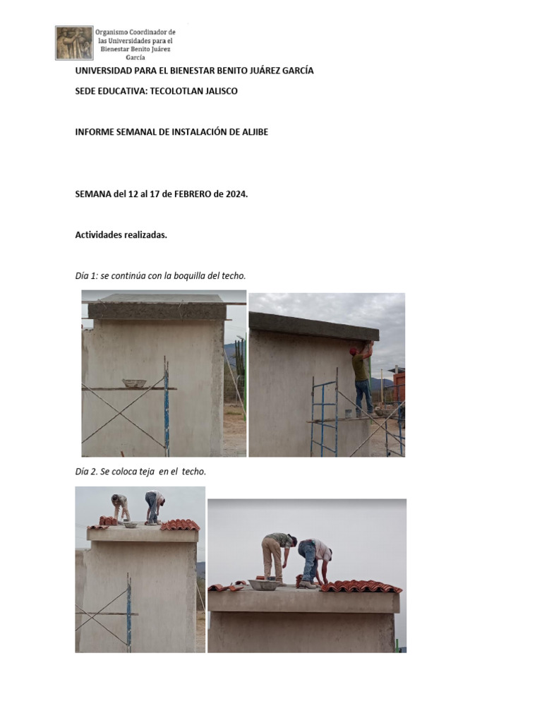 Bitacora de Obra Aljibe Semana 12-17 FEBRERO 2024 | PDF