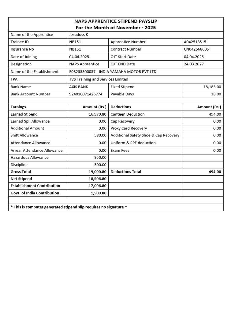 NAPS Apprentice Payslip November 2025 | PDF