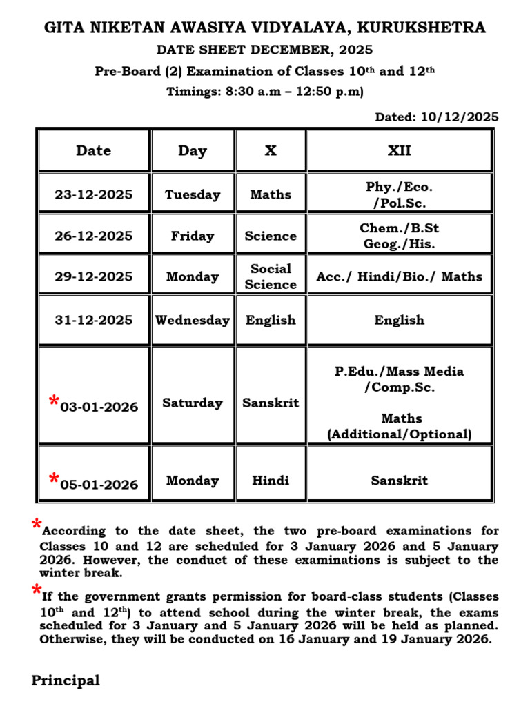 Date Sheet_Pre Board-2 Exam_2025-26. | PDF