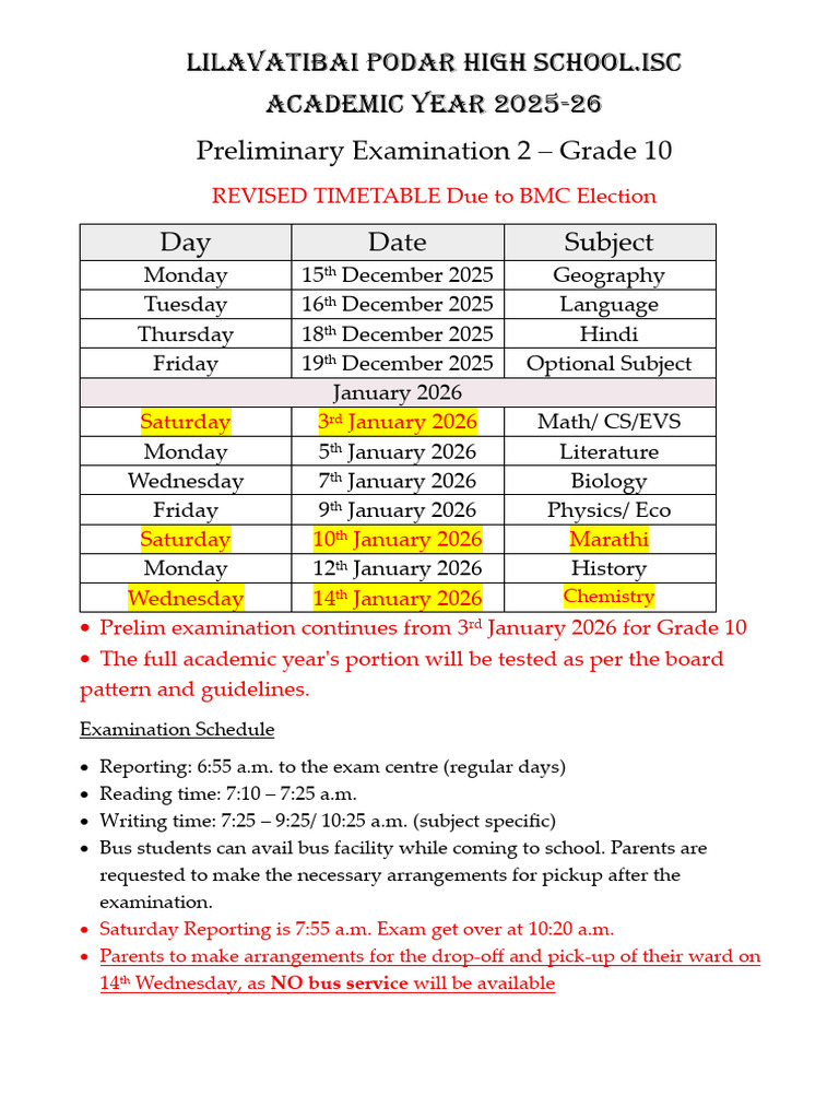 Grade 10 Preliminary Exam Timetable 2025-26 | PDF