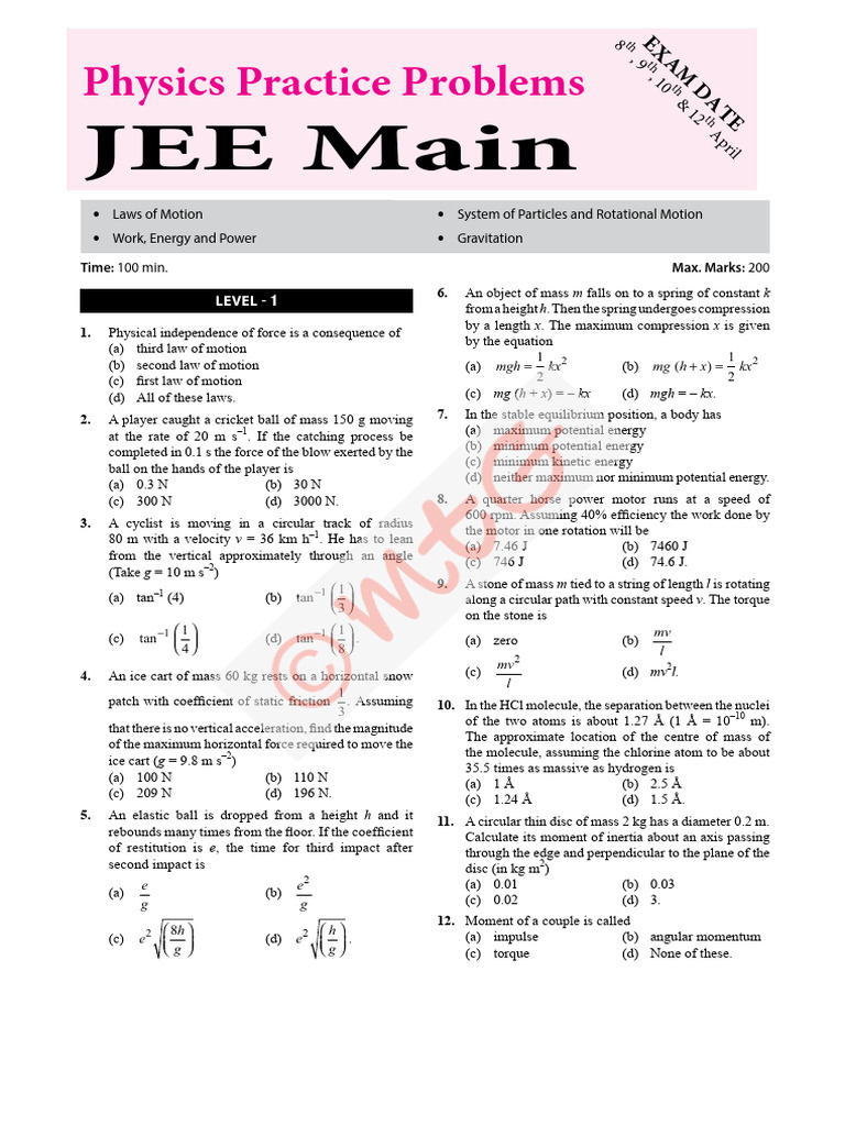 7.-Physics-Practice-Problems-JEE-Main | PDF | Force | Acceleration