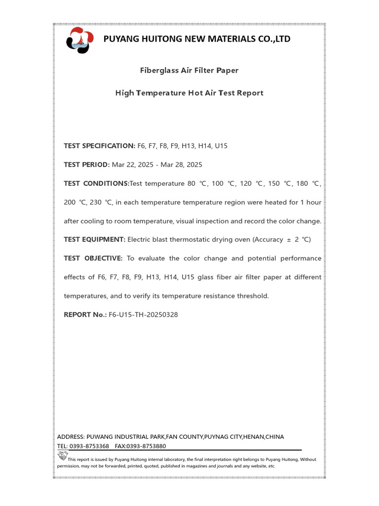 Fiberglass Media Hot Air Testing - Puyang Huitong | PDF | Adhesive | Fibers