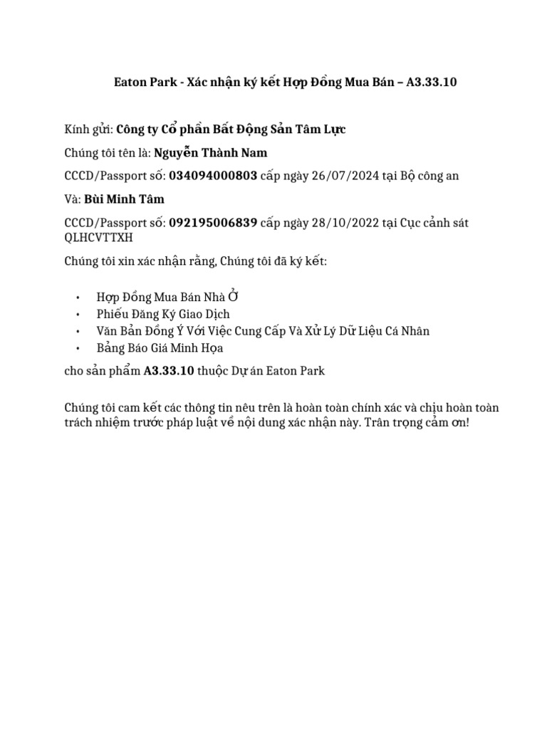ET Xac Nhan Ky Ket Hop Dong Mua Ban Can Ho | PDF