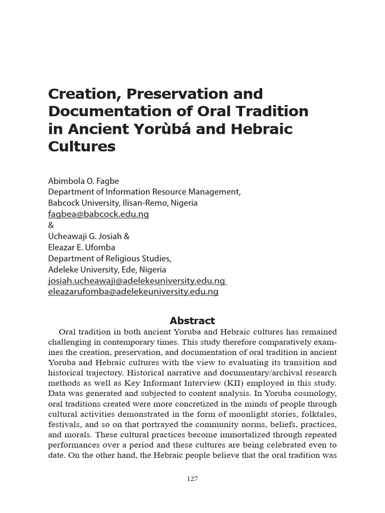 Creation, Preservation and Documentation of Oral Tradition in Ancient ...