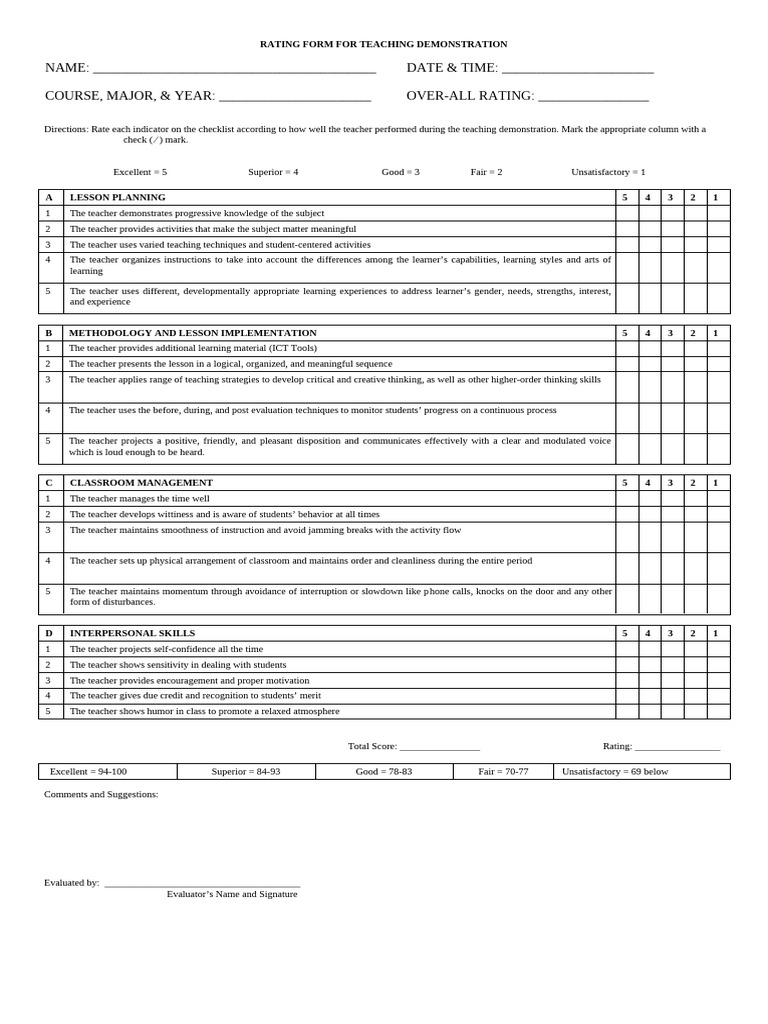 Rating Form for Teaching Demonstration | PDF | Teachers | Learning